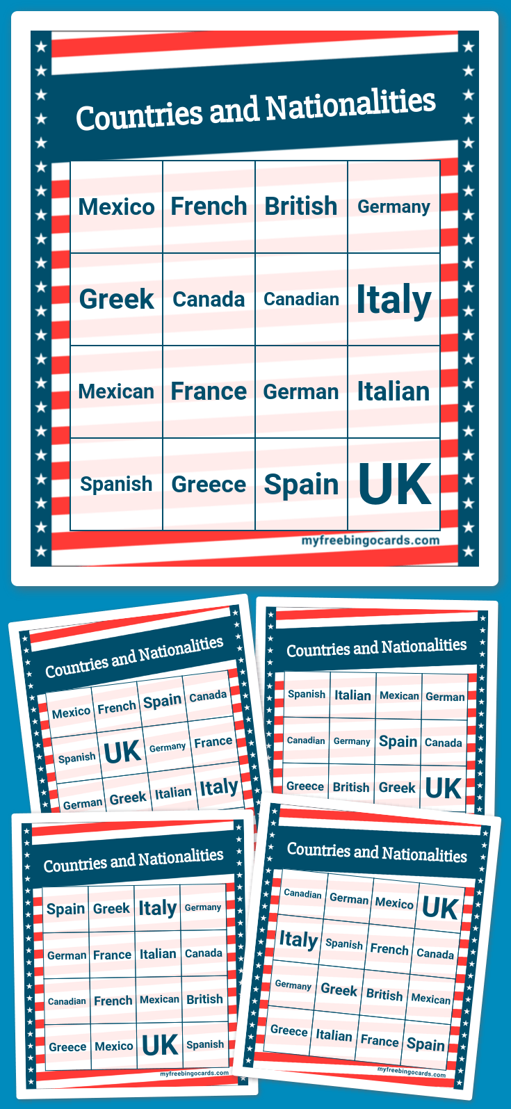 Virtual Countries and Nationalities Bingo