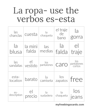La ropa- use the verbos es-esta Bingo