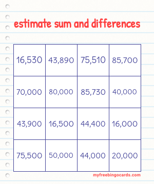 estimate sum and differences bingo