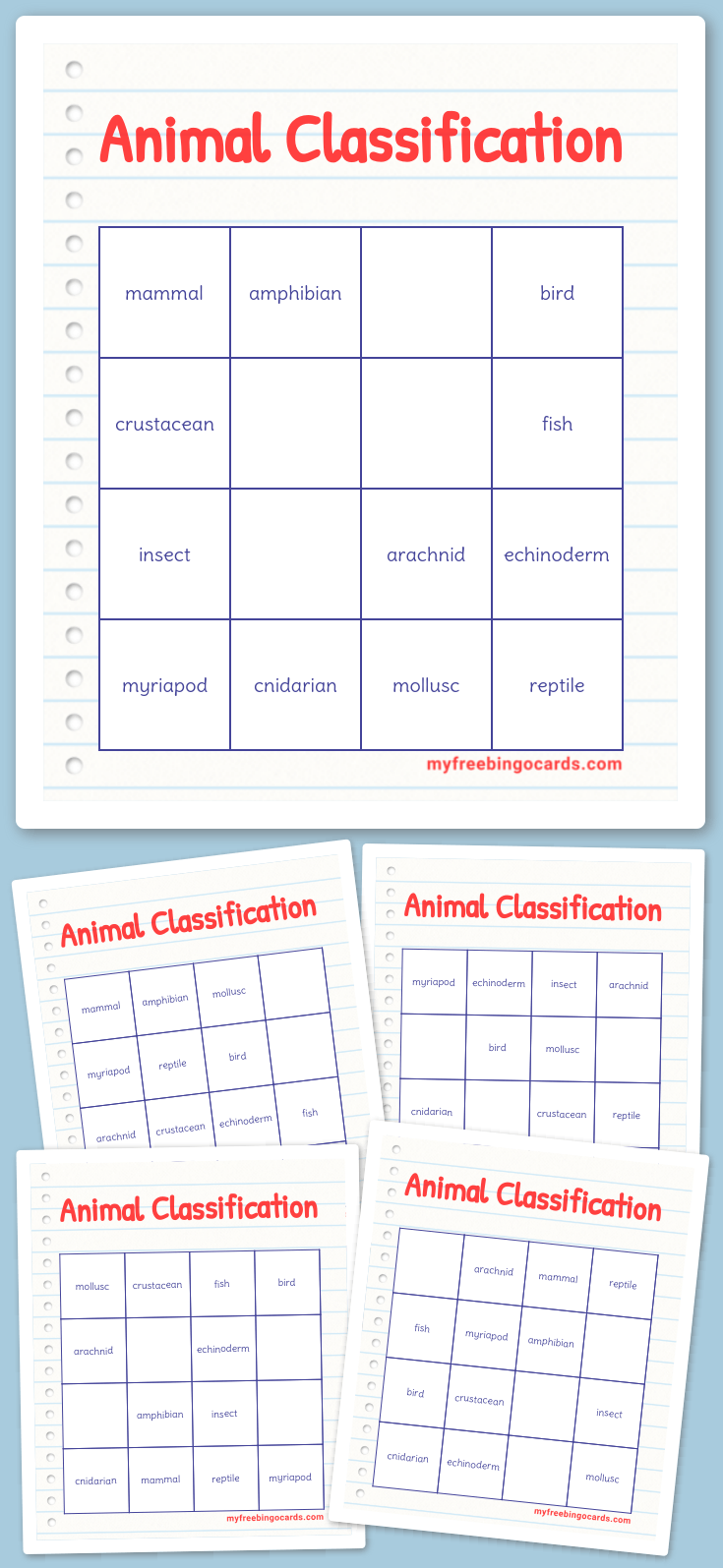 Virtual Animal Classification Bingo