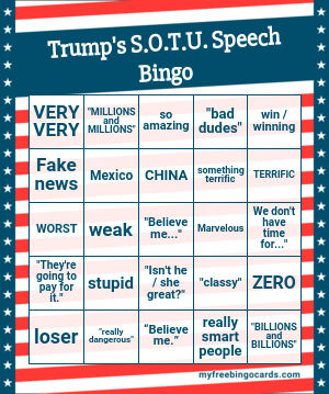 Print 100+ Trump's S.O.T.U. Speech Bingo Cards