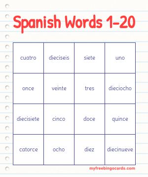 Print 100+ Spanish Words 1-20 Bingo Cards