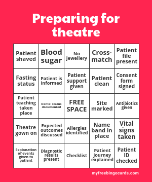 Preparing for theatre Bingo