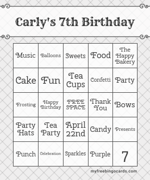 Carly's 7th Birthday Bingo