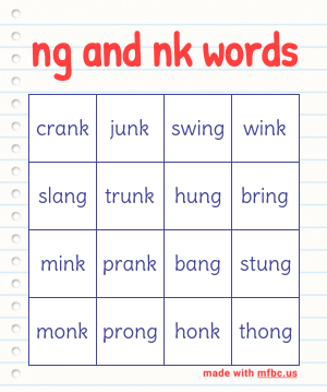 ng and nk words bingo