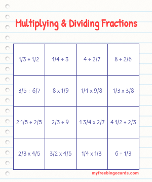 Multiplying & Dividing Fractions Bingo
