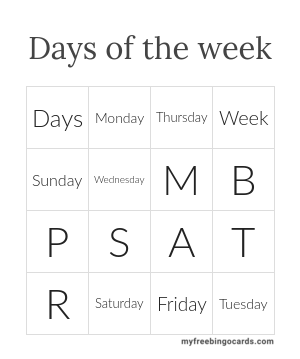 Days of the week Bingo