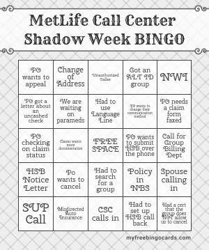MetLife Call Center Shadow Week BINGO
