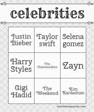 Print 100+ celebrities bingo cards