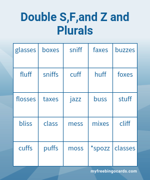 Print 100+ Double S,F,and Z and Plurals Bingo Cards