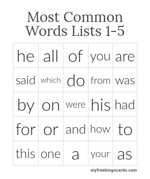 Most Common Words Lists 1-5 Bingo