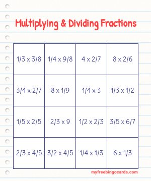 Multiplying & Dividing Fractions Bingo