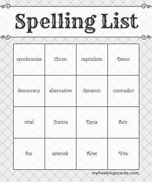 Print 100+ Spelling List Bingo Cards