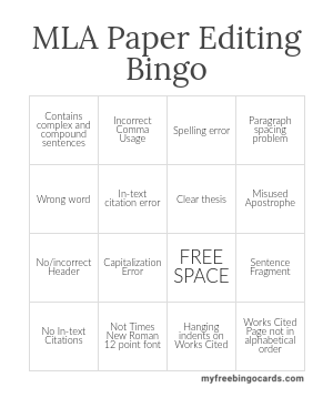 Print 100+ MLA Paper Editing Bingo Cards