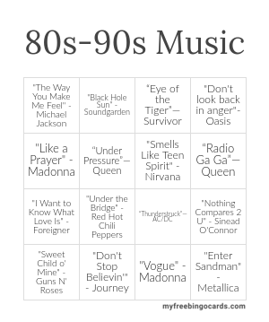 80s-90s Music Bingo