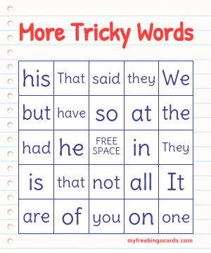 Print 100+ More Tricky Words Bingo Cards