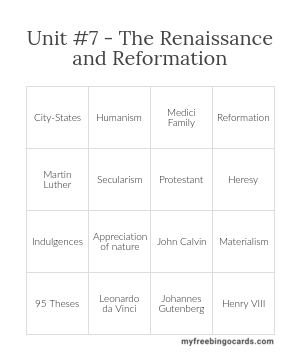 Unit #7 - The Renaissance and Reforma… Bingo