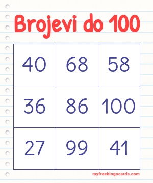 Brojevi do 100 Bingo