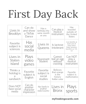 First Day Back Bingo
