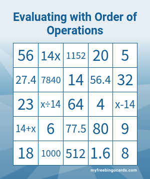 Evaluating with Order of Operations Bingo