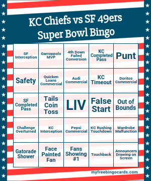 KC Chiefs vs SF 49ers Super Bowl Bingo
