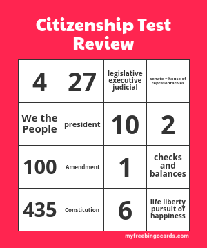 Print 100+ Citizenship Test Review Bingo Cards