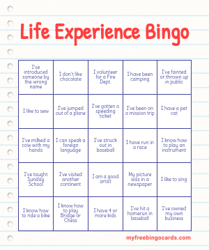 Life Experience Bingo