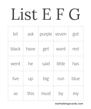 List E F G Bingo